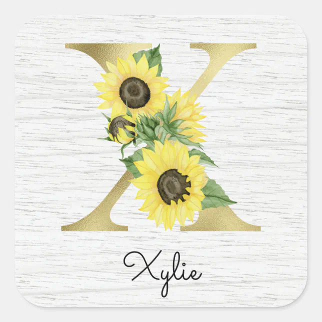 Monogram Gold Sunflower Girly Floral Initial X Square Sticker | Zazzle