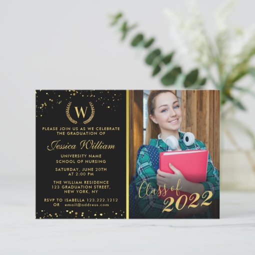 Monogram Golden Laurel Wreath Glitter Graduation Invitation | Zazzle