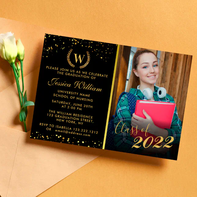 Monogram Golden Laurel Wreath Glitter Graduation Invitation | Zazzle