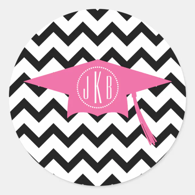 Monogram Graduation Cap Pink + Black Chevron Classic Round Sticker | Zazzle