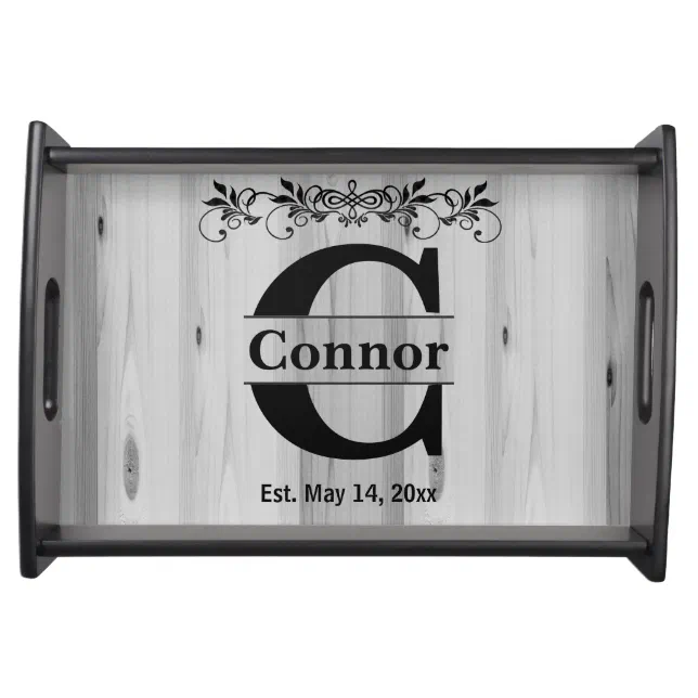 Monogram Gray Wood Serving Tray | Zazzle