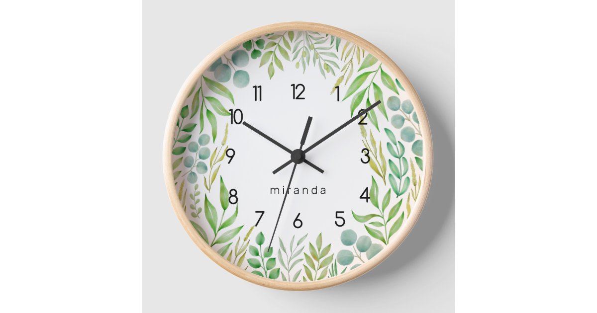 Monogram Greenery Foliage Watercolor Botanical Clock | Zazzle
