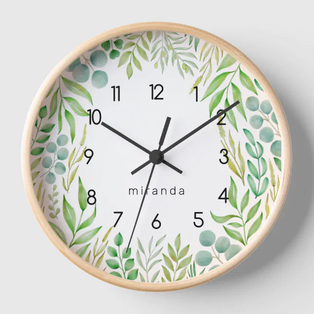 Monogram Greenery Foliage Watercolor Botanical Clock | Zazzle