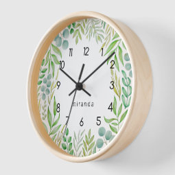 Monogram Greenery Foliage Watercolor Botanical Clock | Zazzle