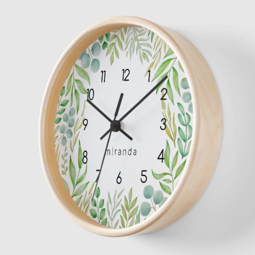 Monogram Greenery Foliage Watercolor Botanical Clock | Zazzle