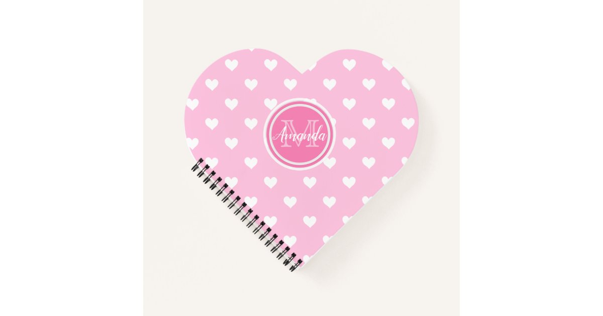 Monogram Heart Shaped Notebook: Pink White Hearts Notebook | Zazzle