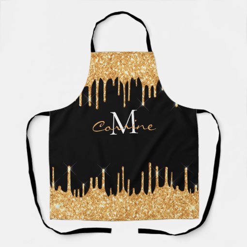 Monogram Honey Gold Glitter Drip Black Name Apron | Zazzle