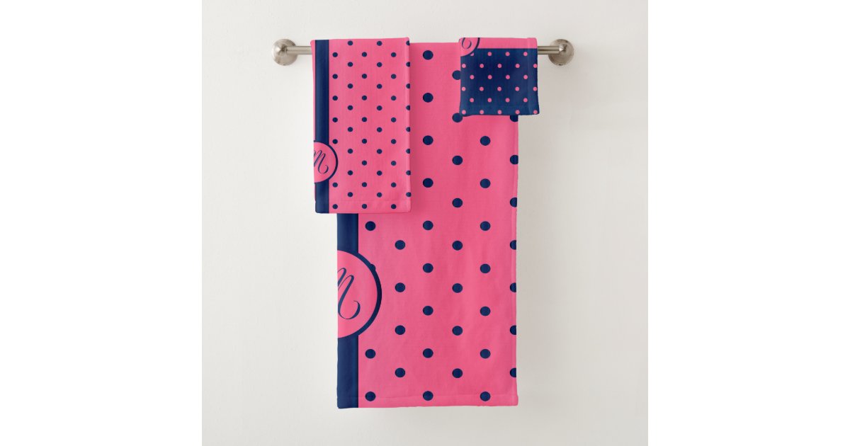 Monogram Hot Pink and Navy Polka Dot Pattern Bath Towel Set | Zazzle