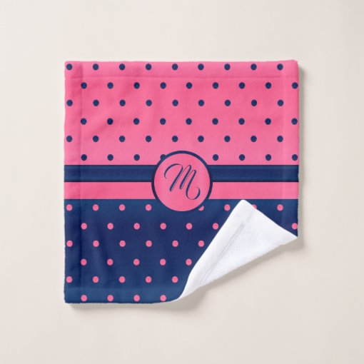 Monogram Hot Pink and Navy Polka Dot Pattern Bath Towel Set | Zazzle