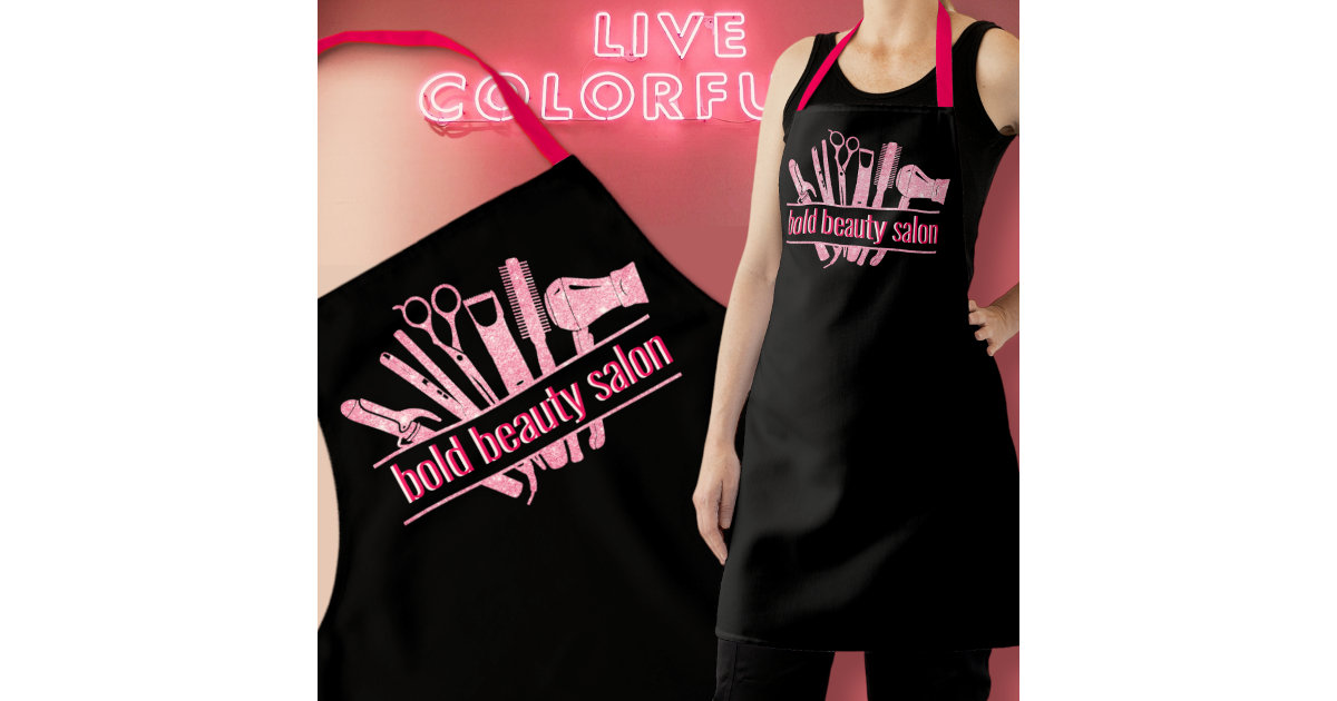 Monogram Hot Pink Glitter Salon Tools Blk Stylist Apron | Zazzle