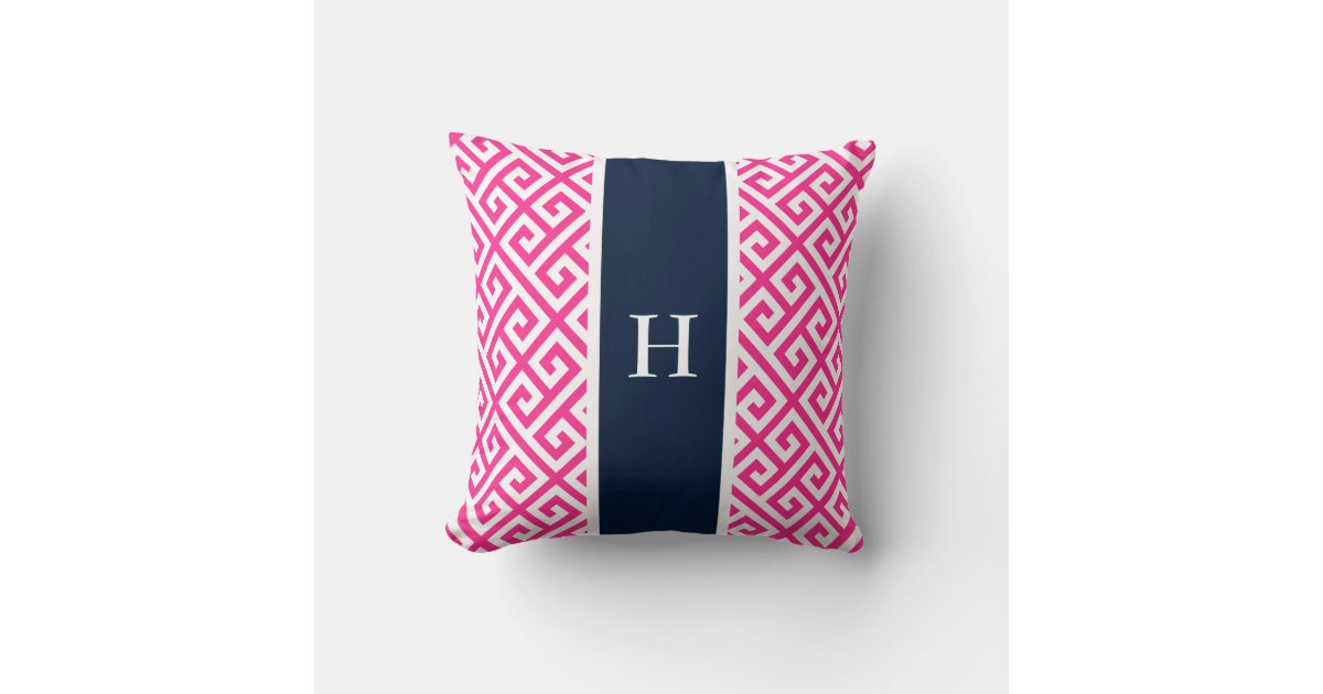 Monogram Hot Pink Greek Key Patterned Throw Pillow | Zazzle