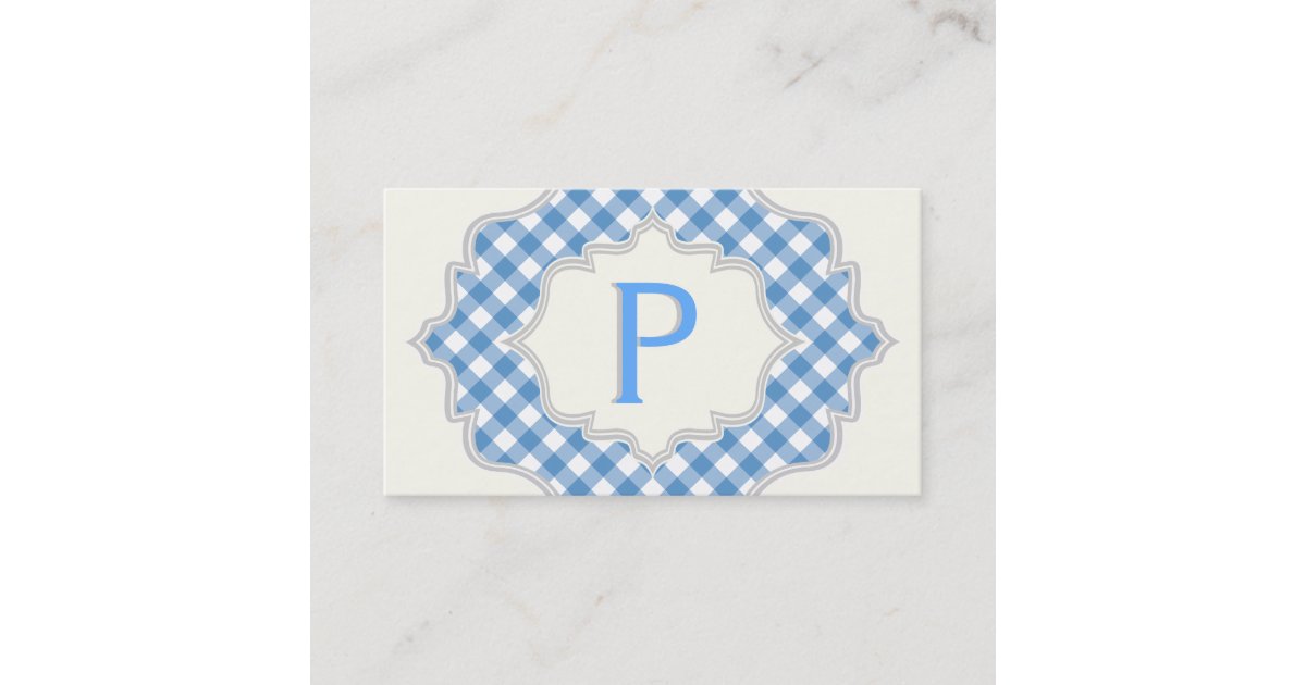 Monogram in a frame with blue, white gingham business card | Zazzle