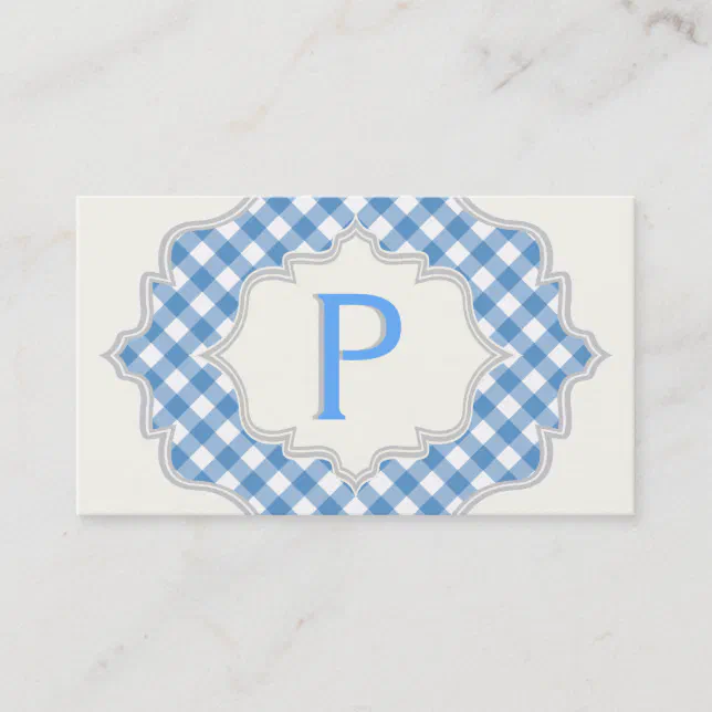 Monogram in a frame with blue, white gingham business card | Zazzle