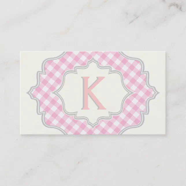 Monogram in a frame with pink, white gingham business card | Zazzle