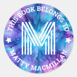 Monogram initial blue purple kids book label | Zazzle