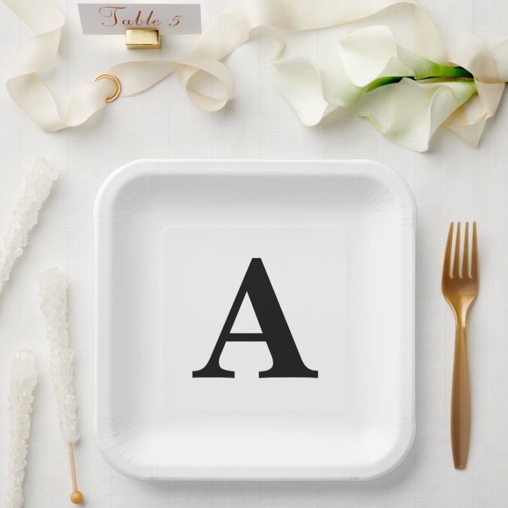 Monogram Initial Elegant Custom Name Black White Paper Plates | Zazzle