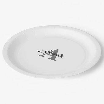 Monogram Initial Elegant Custom Name Grey White Paper Plates | Zazzle