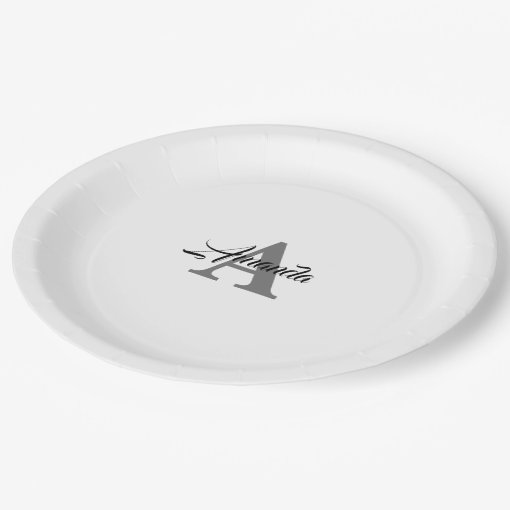 Monogram Initial Elegant Custom Name Grey White Paper Plates | Zazzle