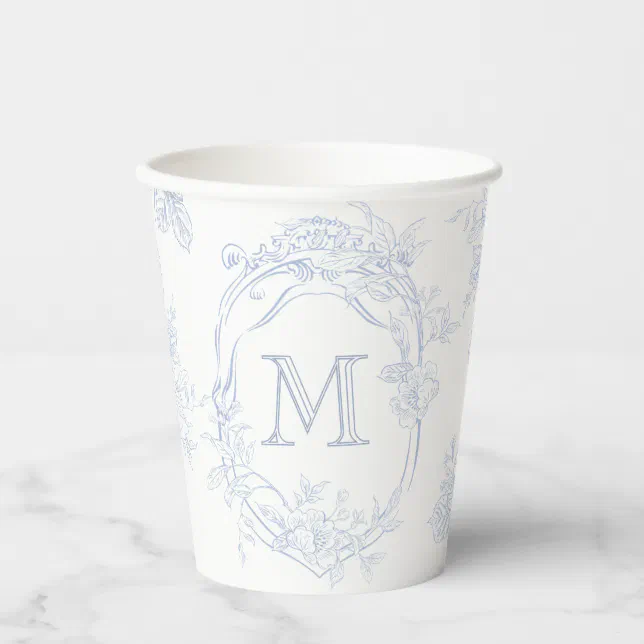 Monogram Initial Floral Blue Toile Wedding Bridal Paper Cups | Zazzle