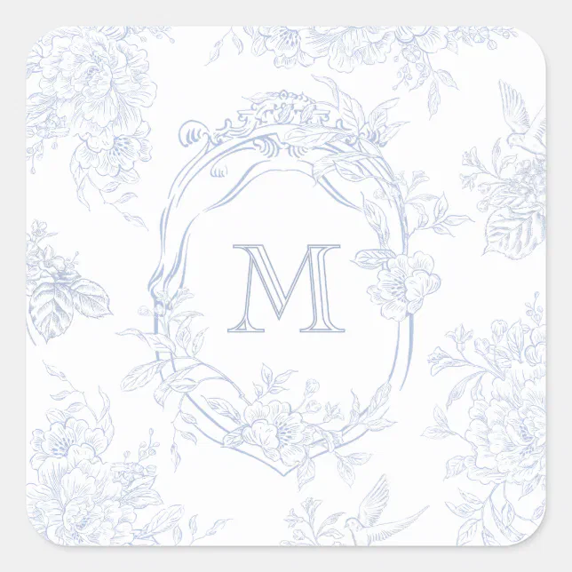 Monogram Initial Floral Blue Toile Wedding Bridal Square Sticker | Zazzle