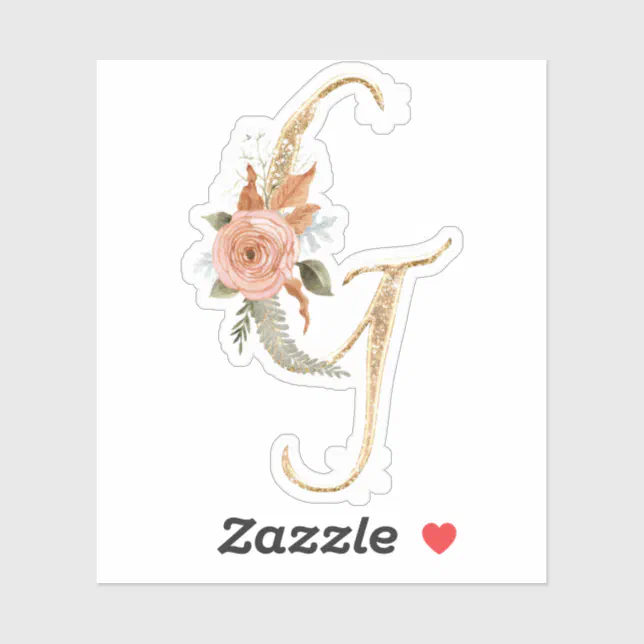 Monogram Initial G Gold Glitter Peony Rose Floral Sticker | Zazzle