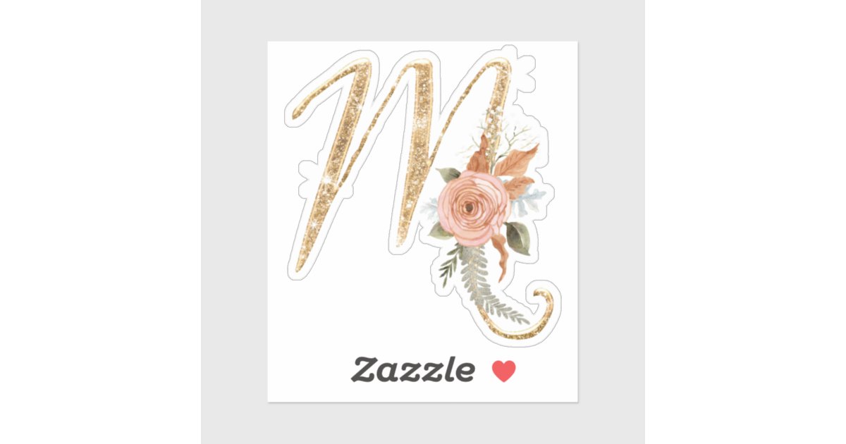 Monogram Initial M Gold Glitter Peony Rose Floral Sticker | Zazzle