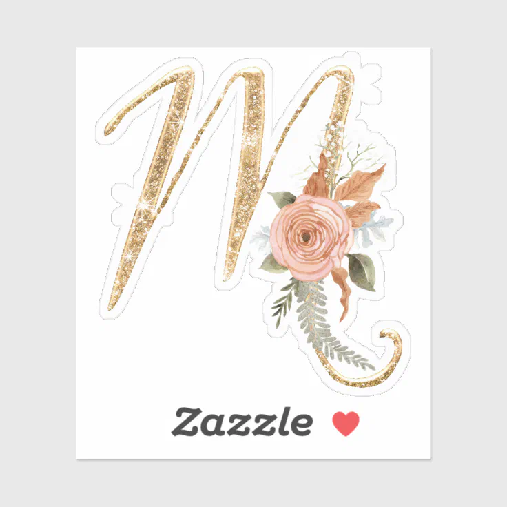 Monogram Initial M Gold Glitter Peony Rose Floral Sticker | Zazzle
