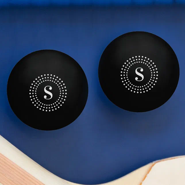 Monogram initial retro radial dots on black ping pong ball | Zazzle