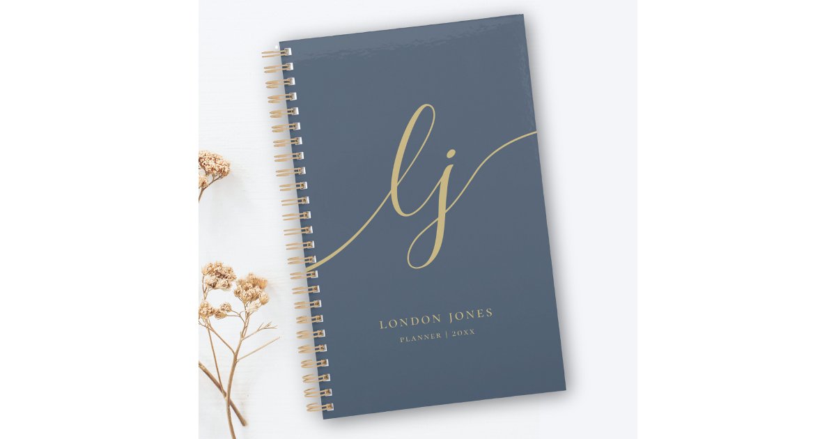 Monogram Initials Business Gold Script Navy Planner | Zazzle