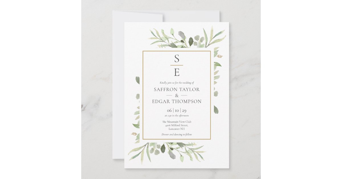 Monogram Initials Greenery Foliage Wedding Invitation | Zazzle