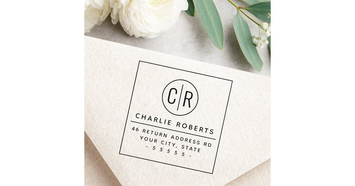 Monogram initials modern minimal return address rubber stamp | Zazzle