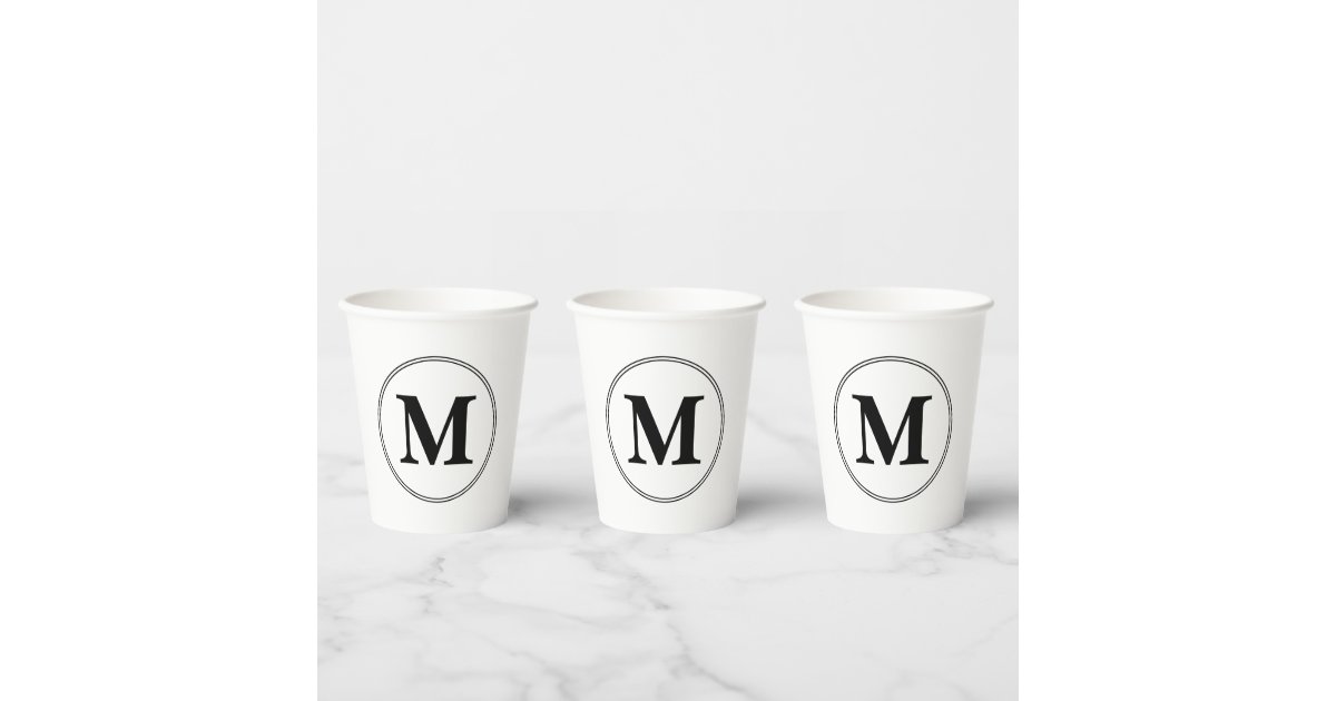 Monogram initials simple black and white paper cups | Zazzle