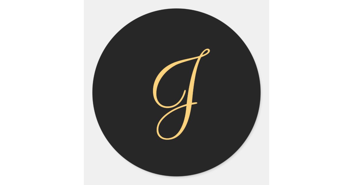 Monogram J, gold colored initial J on black, Classic Round Sticker | Zazzle
