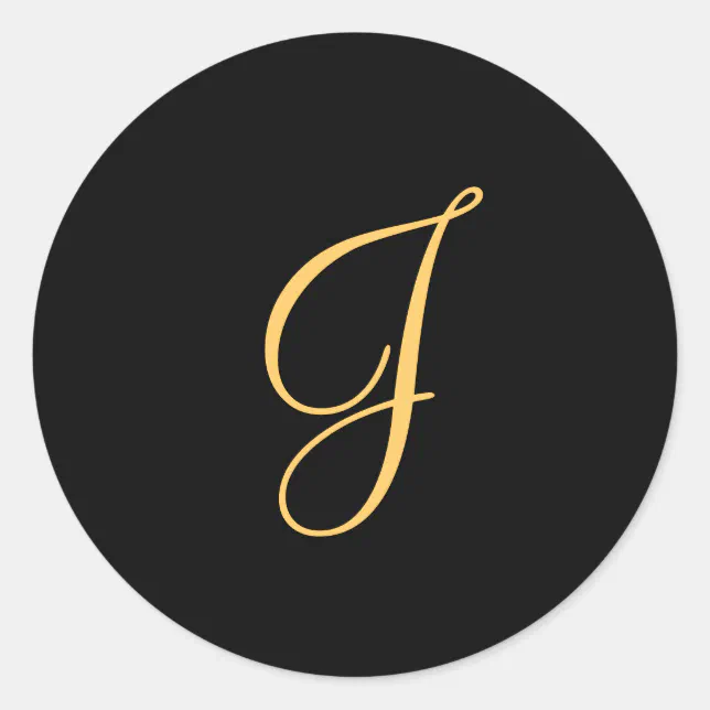 Monogram J, gold colored initial J on black, Classic Round Sticker | Zazzle