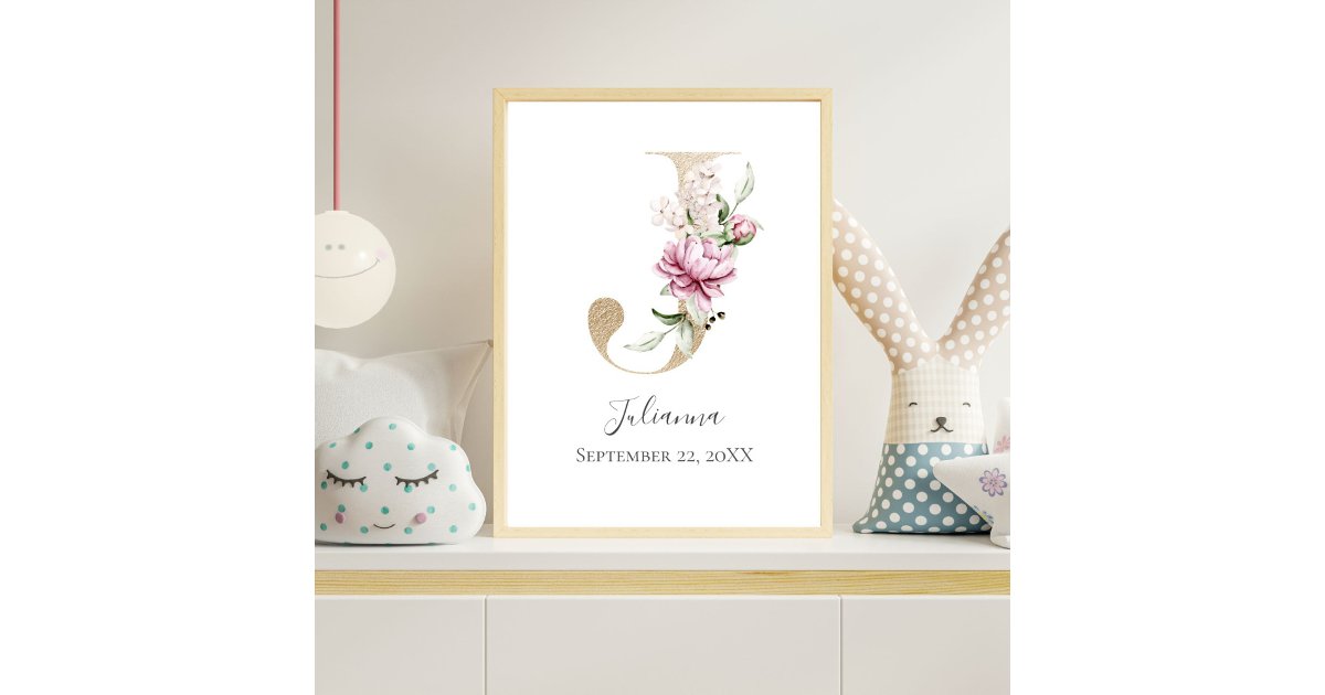 Monogram J Pink White Floral Gold Letter Nursery Poster | Zazzle