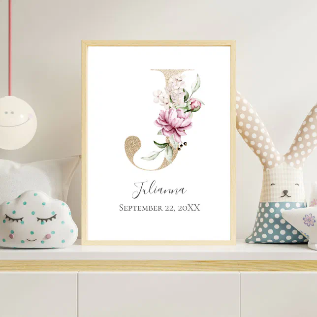 Monogram J Pink White Floral Gold Letter Nursery Poster | Zazzle