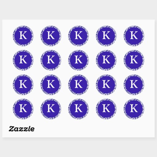 Monogram K Blue White Designer Wedding Monograms I Classic Round Sticker | Zazzle