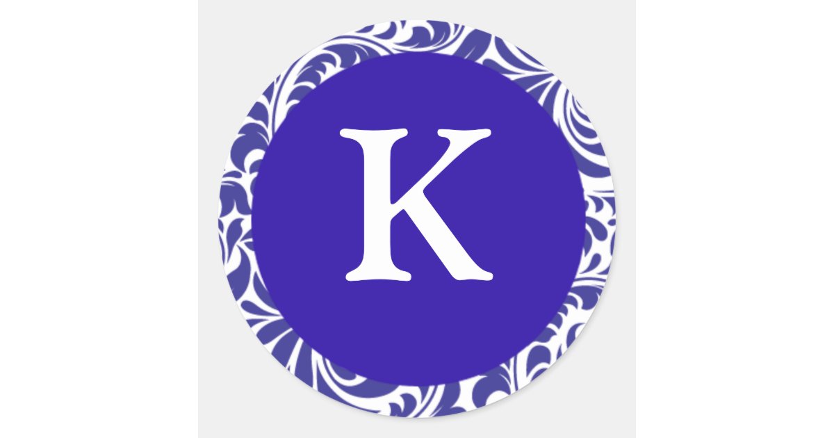 Monogram K Blue White Designer Wedding Monograms I Classic Round Sticker | Zazzle