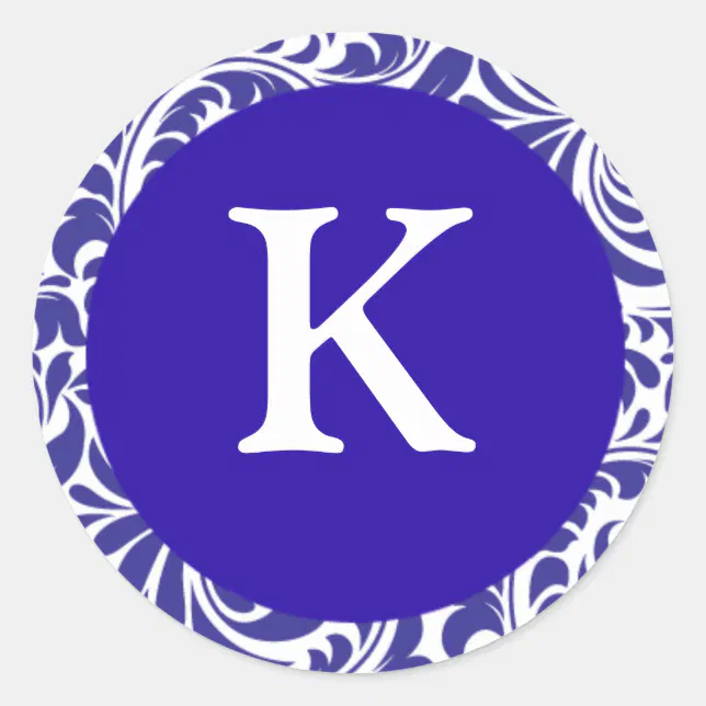 Monogram K Blue White Designer Wedding Monograms I Classic Round Sticker | Zazzle