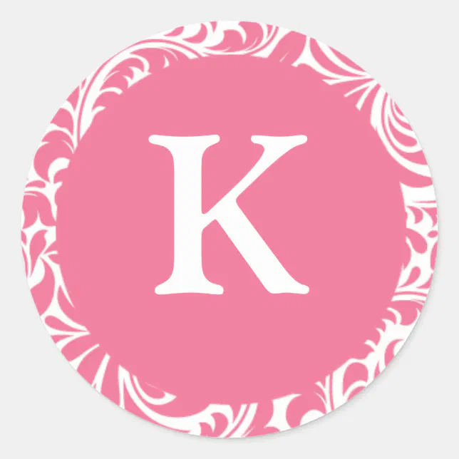 Monogram K Pink White Wedding Theme Monograms Invi Classic Round ...