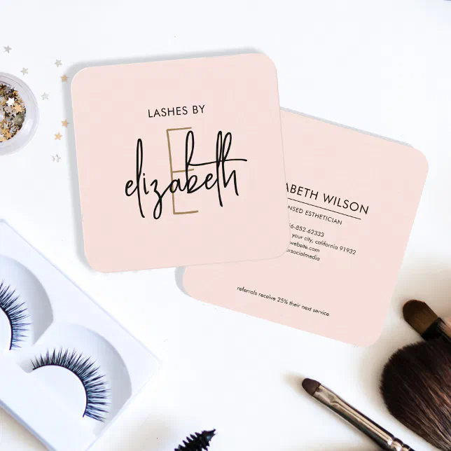 Monogram Lashes Esthetician Beauty Blush Pink Square Business Card | Zazzle