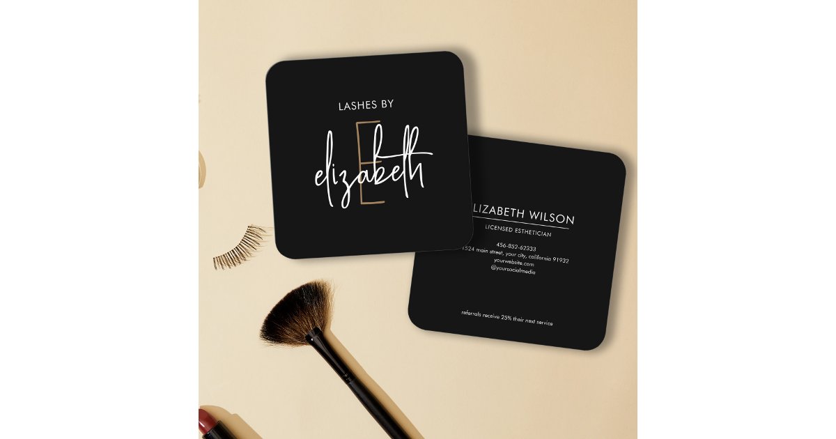 Monogram Lashes Esthetician Beauty Square Business Card | Zazzle
