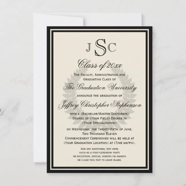 Monogram Laurel Classic College Graduation Invitation | Zazzle
