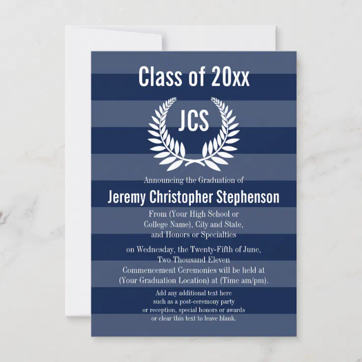 Monogram Laurel Masculine Blue Graduation Invitation | Zazzle