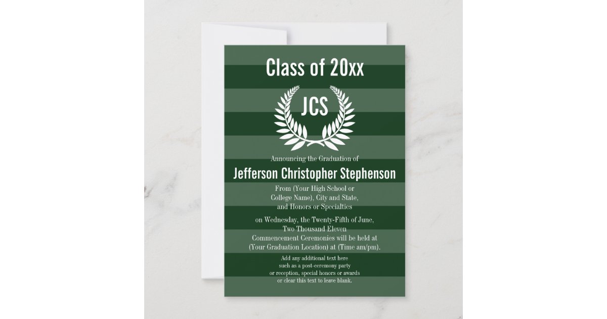 Monogram Laurel Masculine Green Graduation Invitation | Zazzle