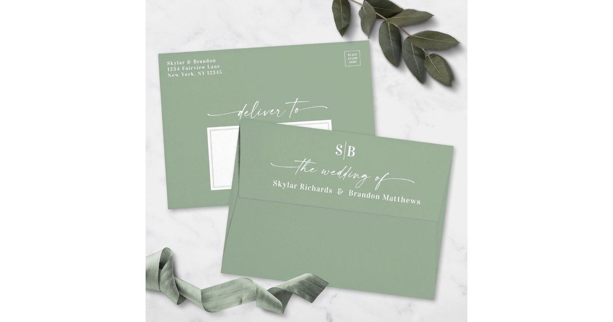 Monogram Leaf Green A7 5x7 Wedding Invitation Envelope | Zazzle