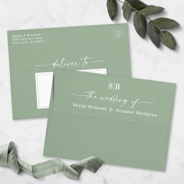 Monogram Leaf Green A7 5x7 Wedding Invitation Envelope | Zazzle