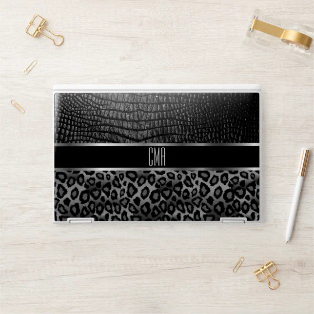 Monogram Leather and Gray Leopard Pattern HP Laptop Skin | Zazzle