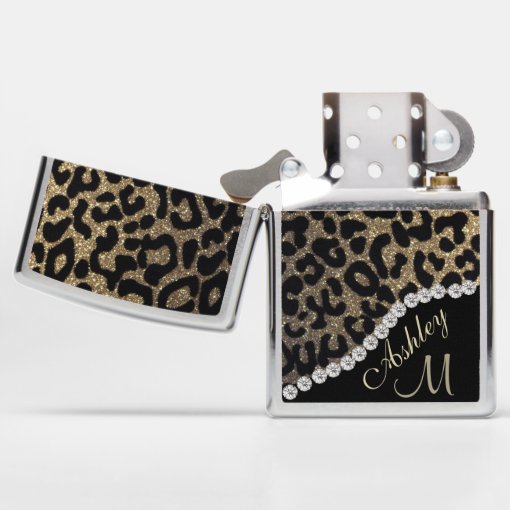 Monogram Leopard Glitter and Diamonds Zippo Lighter | Zazzle