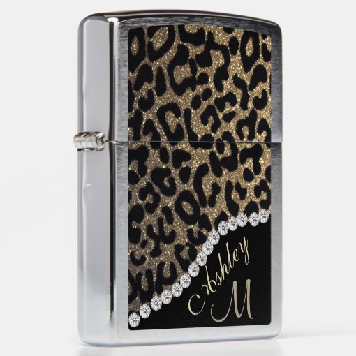Monogram Leopard Glitter and Diamonds Zippo Lighter | Zazzle